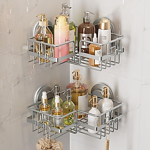 TAILI Heavy Duty Suction Cup Shower Caddy 2 Pack, Removable Rustproof Stainless Steel Shower Rack, Drill-Free Shower Shelf with Hooks, Wall Mounted Basket Organizer for Bathroom, Grey