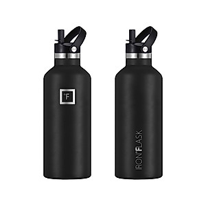 IRON °FLASK Camping & Hiking Hydration Canteens - 3 Lids (Narrow Straw Lid) Leak Proof Vacuum Insulated Stainless Steel - Hot & Cold Double Walled Sports Water Bottle - Midnight Black, 32 Oz