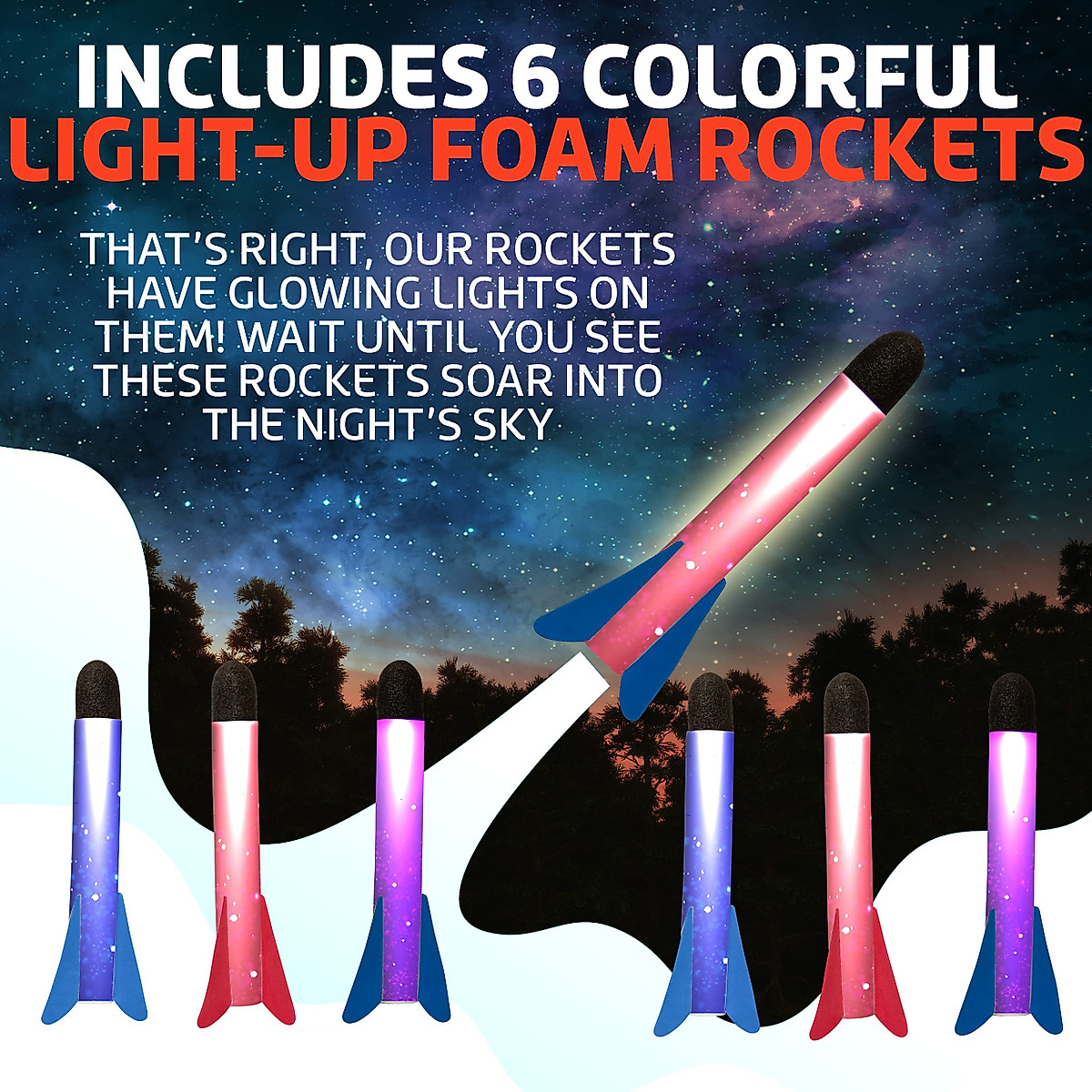 Light Up Toy Rocket Launcher for Kids | Shoots Up to 100 Feet in The Air | 6 Colorful Flashing Foam Rockets and Sturdy Launcher Stand, | Fun Outdoor Toy | Gift for Boys and Girls Age 3+