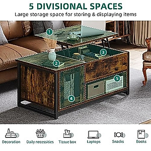 YITAHOME Lift Top Coffee Table, Coffee Table for Living Room,Wood Coffee Table with Storage,Hidden Compartment and Double Metal Mesh Door Cabinet,Rustic Brown