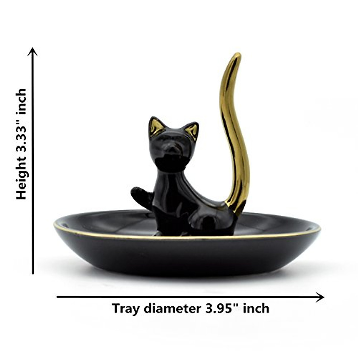 Exembe Happy Cat Posture Trinket Tray Decorative Ring Holder Jewelry Storage Dish Black/Golden Tail