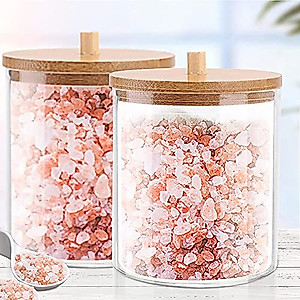 JIEQIJIAJU 2 Pack Acrylic Qtip Holders, Large Cotton Round Holder with Bamboo Lid Clear Apothecary Jars Bathroom Canister Storage for Q-Tips, Cotton Pads & Swab, Hair Ties, Makeup Brush Organizing