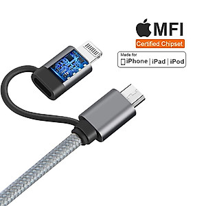 CableCreation 2-in-1 iPhone and Android Charging Cable 4FT/1.2m, Lightning and Micro USB to USB Charging Data Cord MFi Certified for iPhone 14, 13, 12, 11, X, 8, 8 Plus,7, Nexus, LG, HTC, Gray