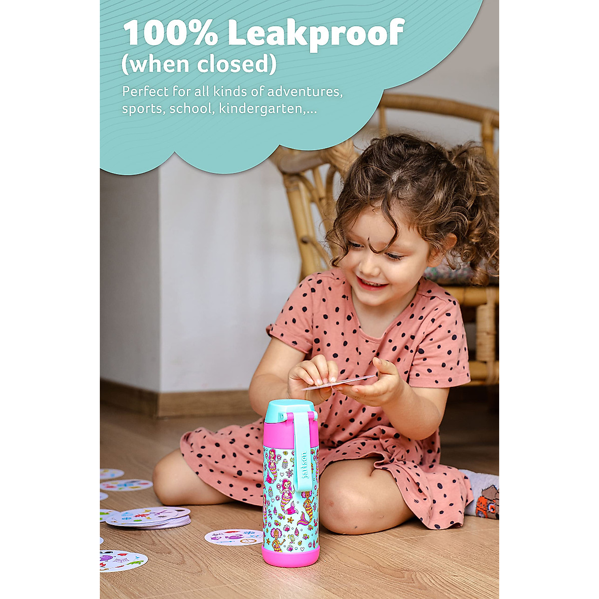Jarlson® Mali Children's Water Bottle, Thermal Stainless Steel Water Bottle, BPA-Free, Leak-Proof, Children's Bottle with Chug Lid, Bottle for School, Nursery (Mermaid, 350 ml)