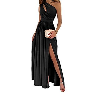 LYANER Women's One Shoulder High Split Cutout Sleeveless Elegant Party Maxi Dress Pure Black Medium