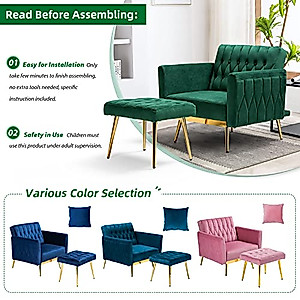 ACMEASE Velvet Accent Chair with Adjustable Armrests and Backrest, Button Tufted Lounge Chair, Single Recliner Armchair with Ottoman and Pillow for Living Room, Bedroom, Green
