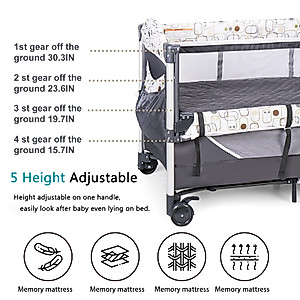 Heyo.Ja Double Layer Baby Portable Playard, 5 Height Adjustable Crib,Changing Table, Foldable Bassinet Bed with Luxury Mosquito Net,Toys Bag,Wheels & Brake, Game Entrance for Boys Girls(Grey)