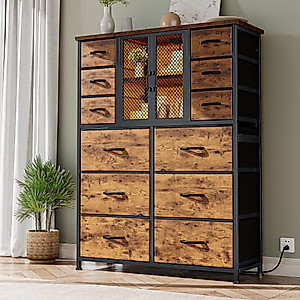 EnHomee Tall Dresser for Bedroom with 12 Drawer Dressers & Chests of Drawers for Closet with Power Outlets & LED Lights Large Dresser Organizer for Bedroom with Mesh Door, Rustic Brown