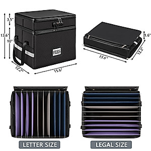 File Box with Wheels, Fireproof Document box with 5 Tabs & Inserts, Rolling File Organizer Cabinet for Home Office, Portable Collapsible File Storage with Lock for Hanging Letter/Legal Size Folder
