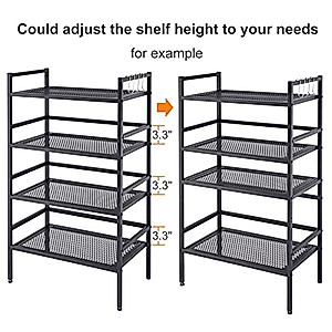 37.4" Metal Storage Shelf Rack Adjustable Height 4-Tier Utility Kitchen Standing Shelving w/ 4 Hooks, Shoe Rack heavy Duty for Laundry Bathroom Garage Pantry Load upto 83LBS per Tier, Matte Black