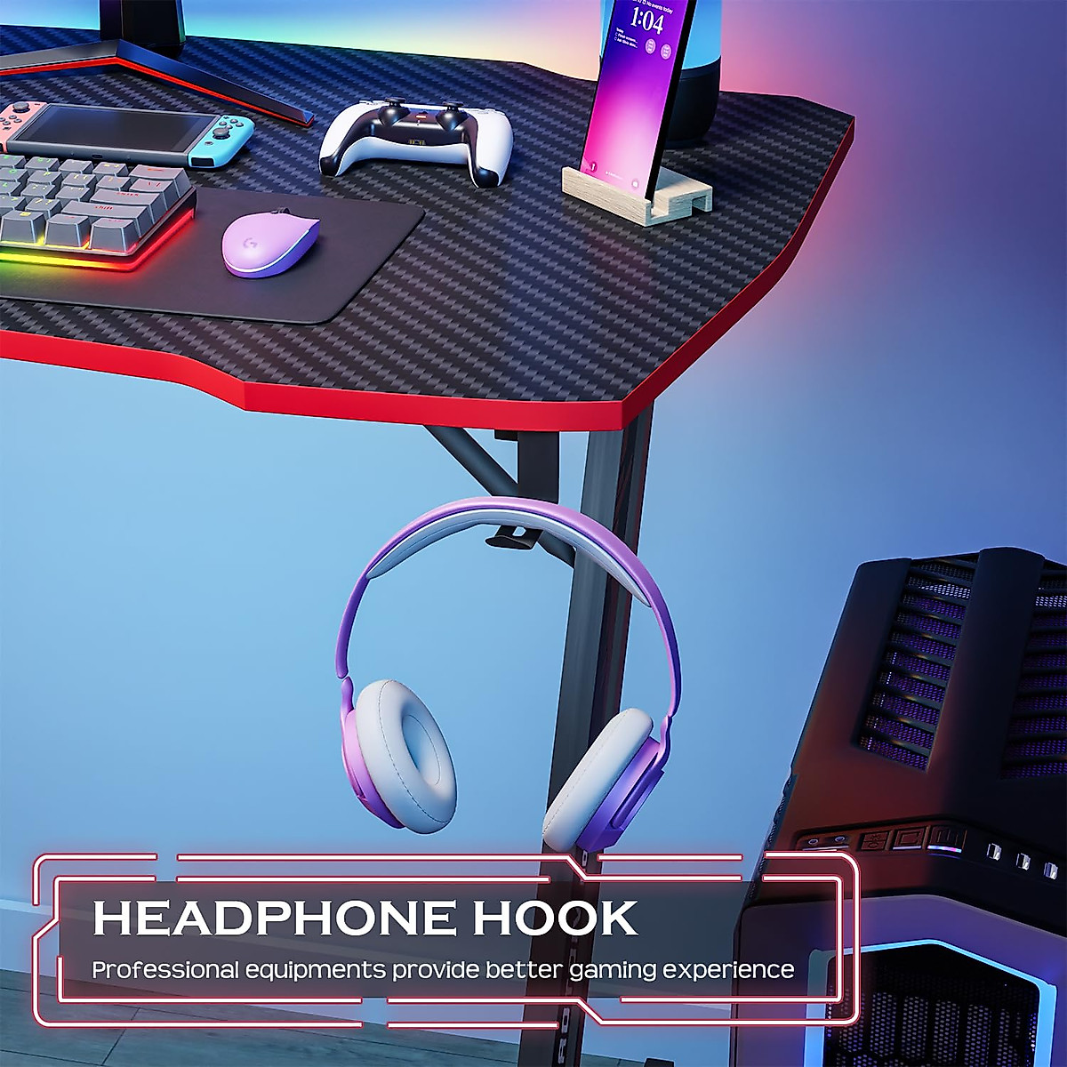 PayLessHere 35 Inch Modern Z-Shaped Gaming Desk Computer Desk for Home Office with Headphone Hook - Sturdy Workstation Table with Spacious Desktop,Red