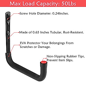 Naikozmo Garage Storage Ladders Hooks, 6 Pack Heavy Duty Utility Hanger, 9.8IN Wall Mount Rack Safely Holds 50 Pounds