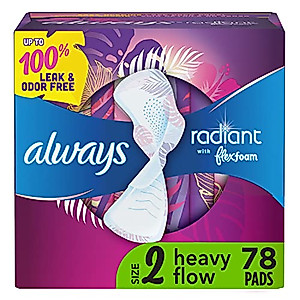Always Radiant Feminine Pads For Women, Size 2 Heavy Flow Absorbency, Multipack, With Flexfoam, With Wings, Light Clean Scent, 26 Count x 3 Packs (78 Count total)