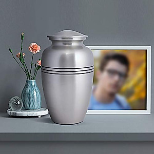 Pewter Large Urn for Human Ashes - A Beautiful and Humble Urn for Your Loved Ones Remains. This Lovely - Urn Will Bring You Comfort Each Time You See It, Size 10x6.75 inch-Silver with 3 Lines