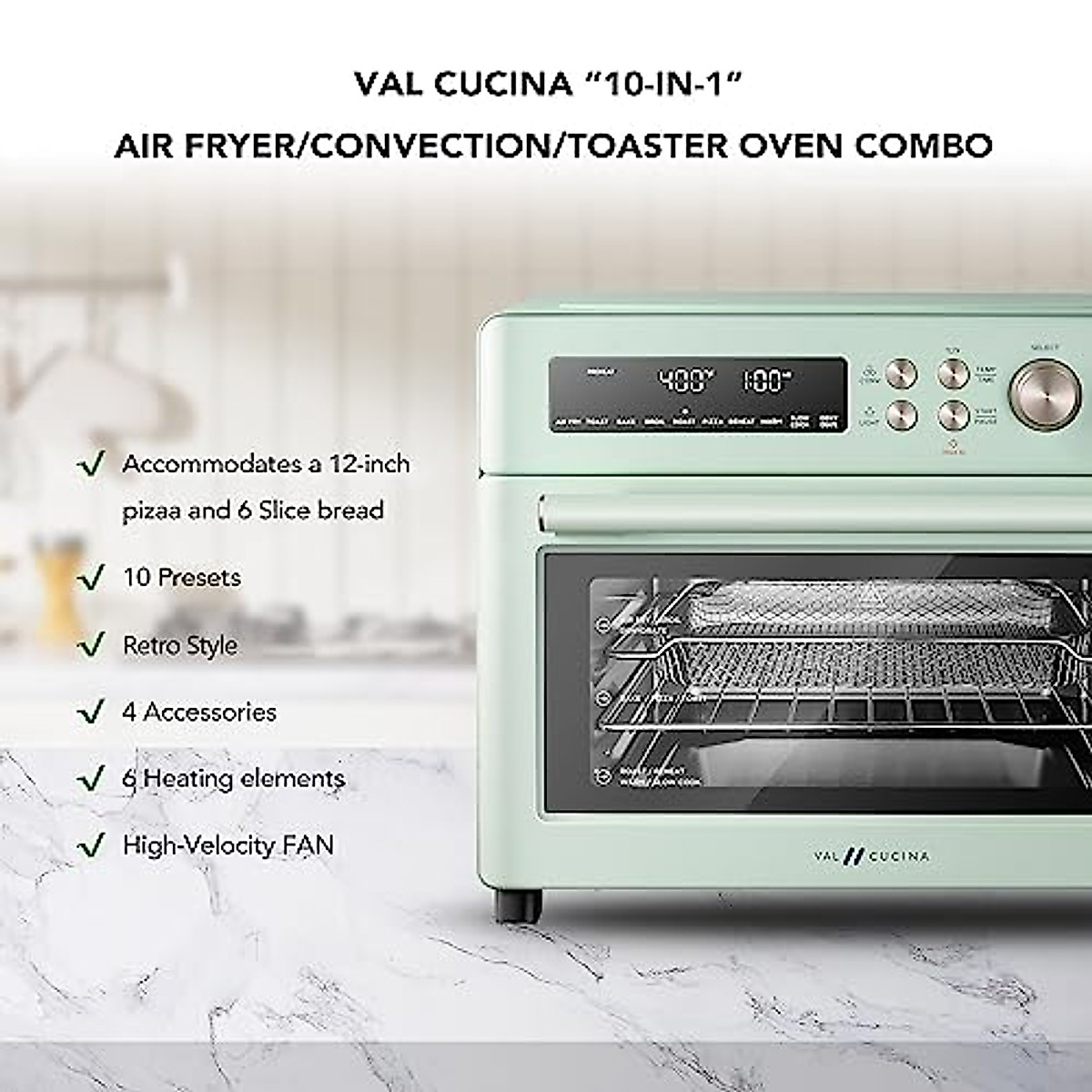 VAL CUCINA Retro Style Infrared Ultra-Quick Air Fryer Toaster Oven, Multifunctional 10-in-1 XL Countertop Convection Oven, 6-Slice Toast, 12-Inch Pizza, Enamel Baking Pan for Easy Cleaning, with Bake, Toast, Roast, Broil, Pizza, Reheat, Slow Cook, Dehydra