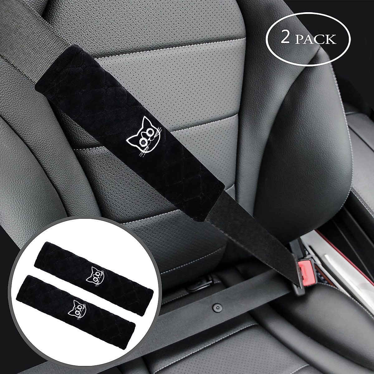 Amooca Soft Auto Seat Belt Cover Seatbelt Shoulder Pad Cushions 2 PCS for a More Comfortable Driving Universal Fit for All Cars and Backpack Black Cat