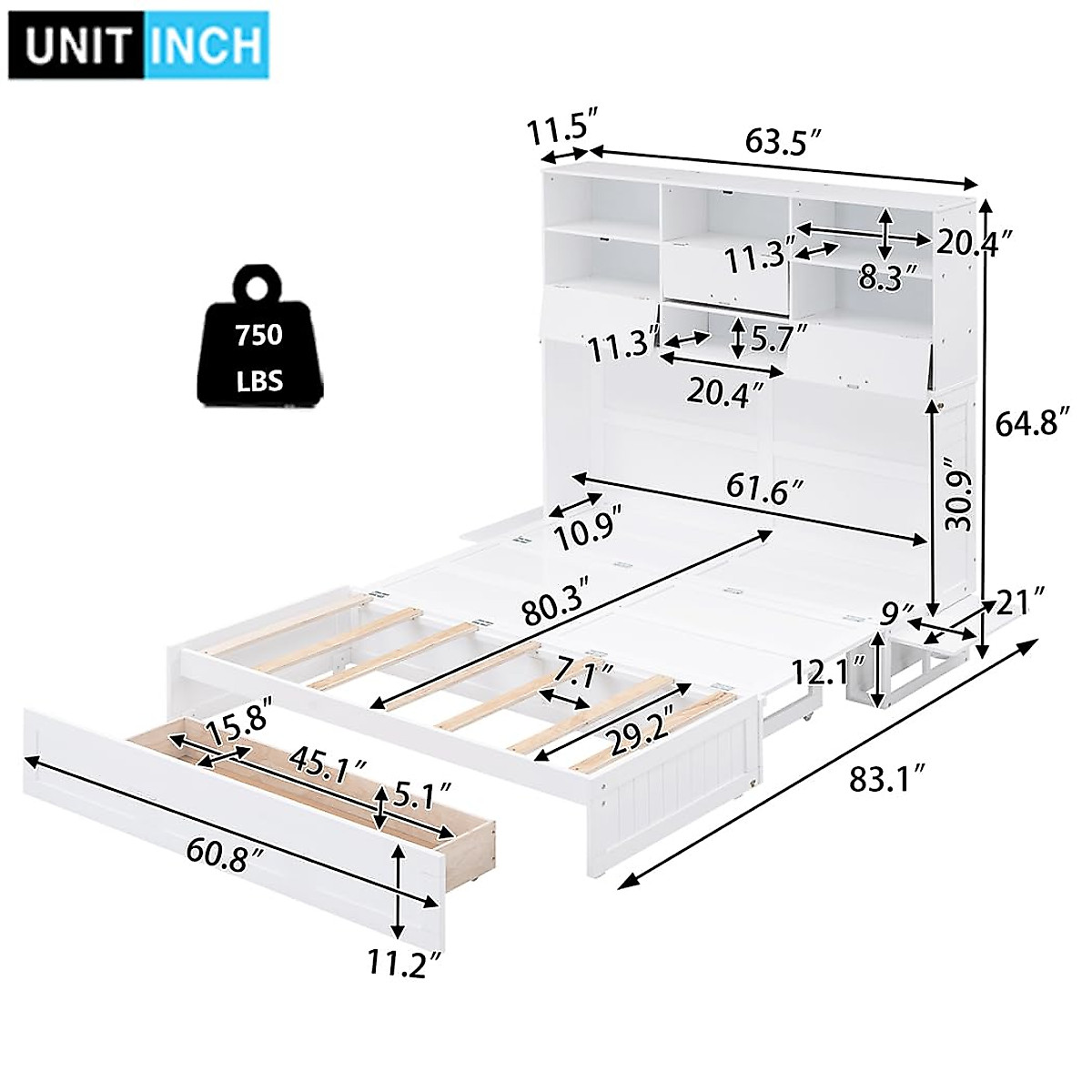 Yuxuanhang Murphy Bed Queen Size with Bookcase, Bedside Shelves and a Big Drawer, Foldable into a Cabinet Space-Saving Design for Small Spaces Guest Room Lounge or Office, White