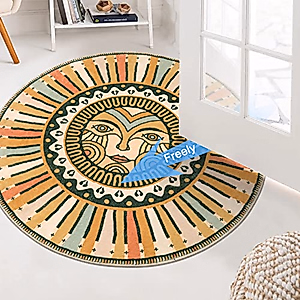 Sungea Retro Sun Round Rug for Bedroom, 4ft Soft Circle Washable Area Rug, Entryway Non-Slip Low Pile Throw Rugs, Carpet for Sofa Nursery Living Dining Room