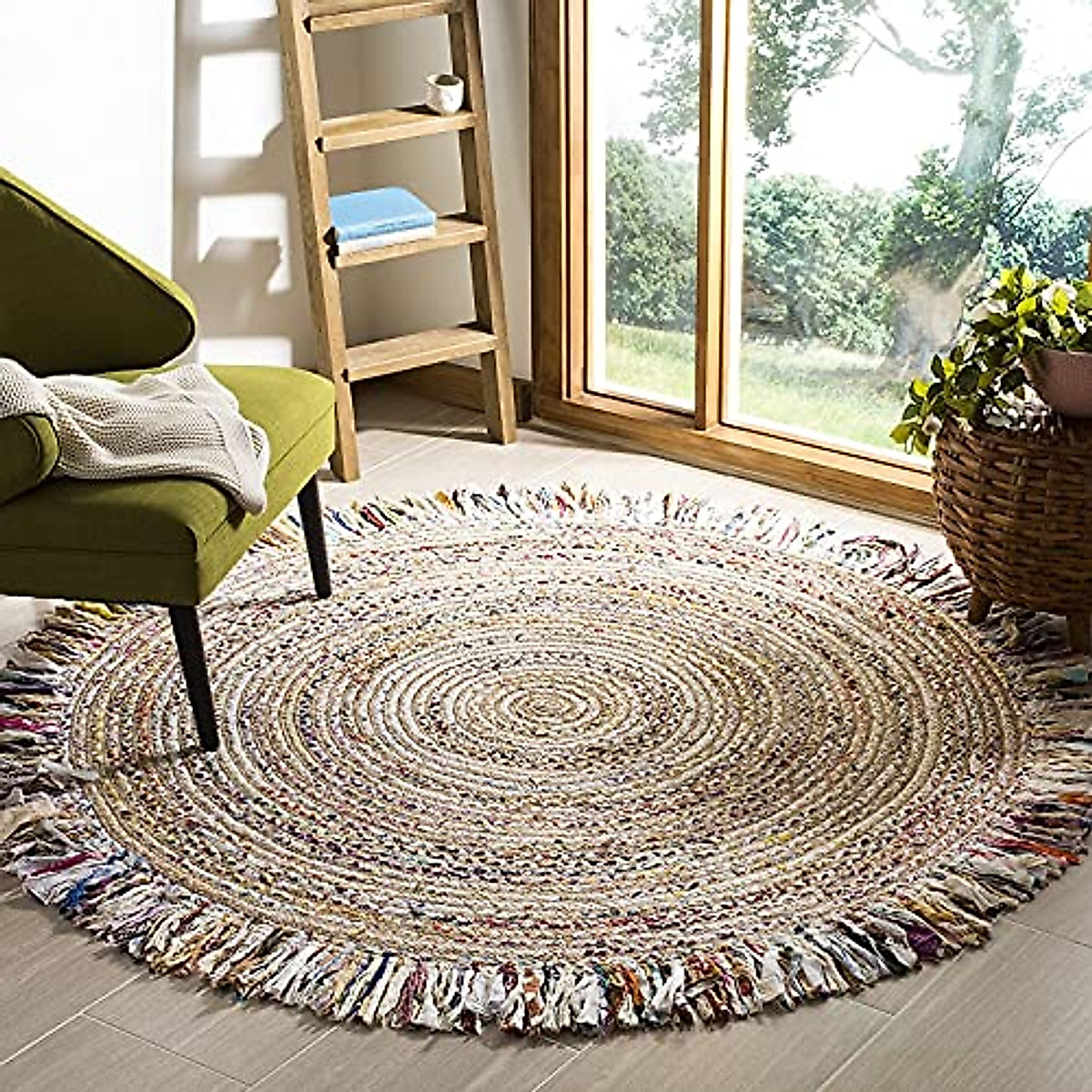 SAFAVIEH Cape Cod Collection 3' Round Ivory / Light Beige CAP206B Handmade Boho Fringe Jute & Cotton Area Rug