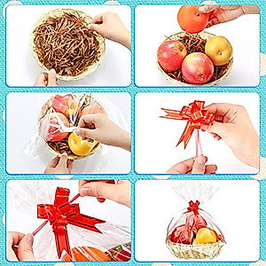 CHENGU 18 Pcs Basket Empty Gift Basket Food Basket Woven Fruit Basket with 48 Colorful Pull Bows 30 Clear Gift Bags Crinkle Cut Paper Shred Filler for Kitchen Restaurant (7.9 x 7.9 x 2.8 Inch, Round)