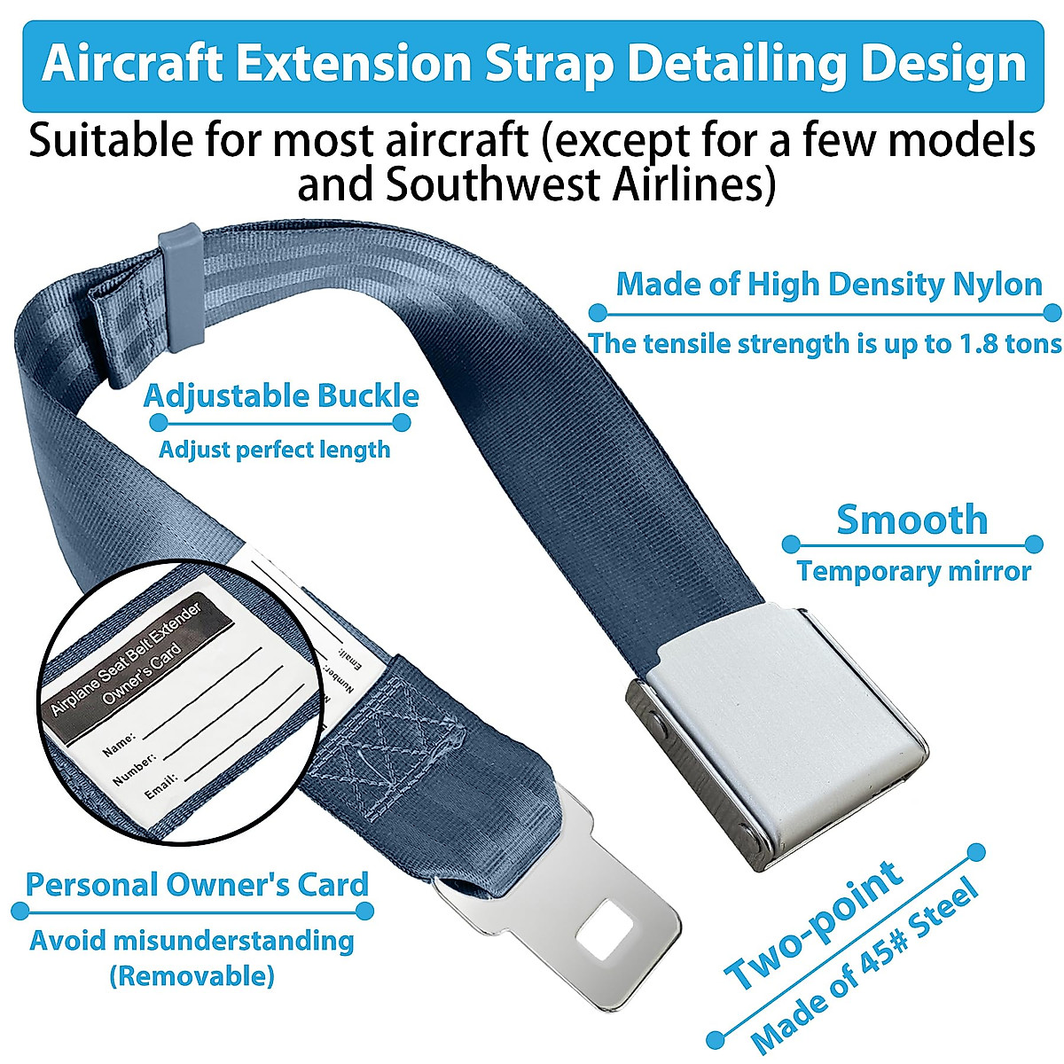 WaiNynyda Airplane Seat Belt Extender, Seatbelt Extender Adjustable 7-31" for Most Airplane Except Southwest Airlines (Blue)