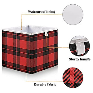 Kigai Red Black Buffalo Plaid Cube Storage Bins - 11x11x11 In Large Foldable Storage Basket Fabric Storage Baskes Organizer for Toys, Books, Shelves, Closet, Home Decor