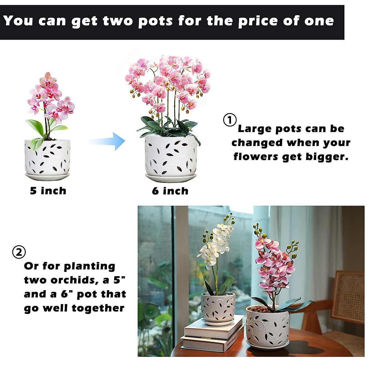KERUITA Orchid Pots with Holes,6 inch + 5 inch Ceramic Planters Set of 2 with 2 Bottom Tray, Enhanced Drainage and Ventilation,White Flower Pots for Indoor/Outdoor Plants for Repotting