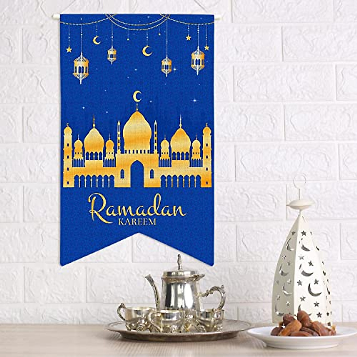 CNhoqc Ramadan Kareem Hanging Banner Welcome Door Sign Eid al-Fitr Moon Stars and Lamps Double-Sided Decorative Flag Islamic Mubarak Banner for Indoor Outdoor Eid Mubarak Party Supplies