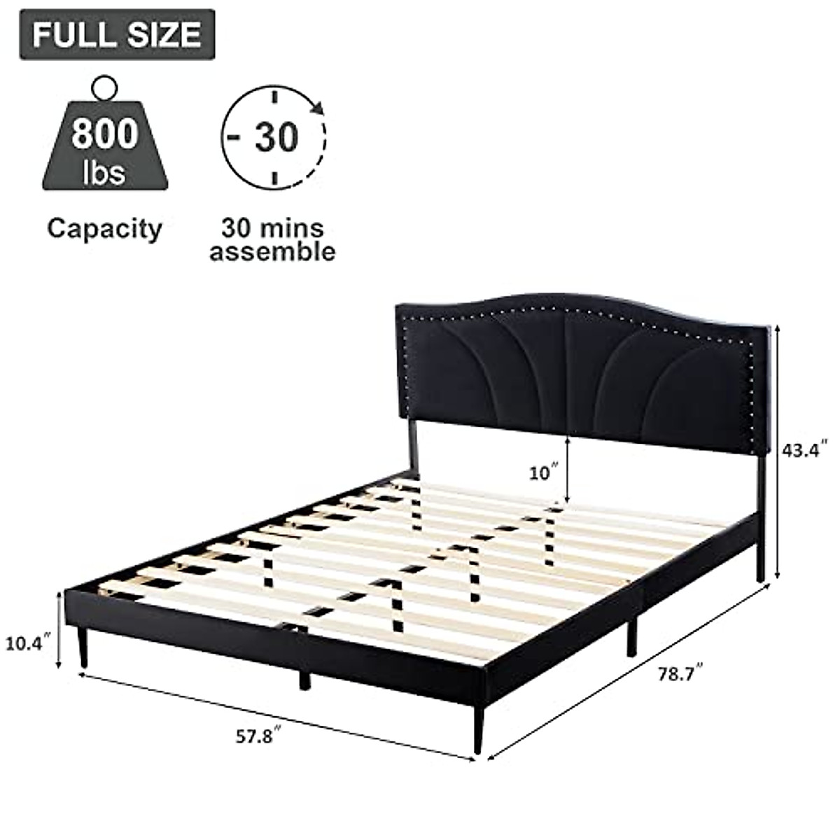 AsKmore Full Size Bed Frame,Velvet Upholstered Platform Bed with Decorative Flower Line & Nailhead Trim Headboard with Wood Slat Support,No Box Spring Needed,Easy Assembly, Black