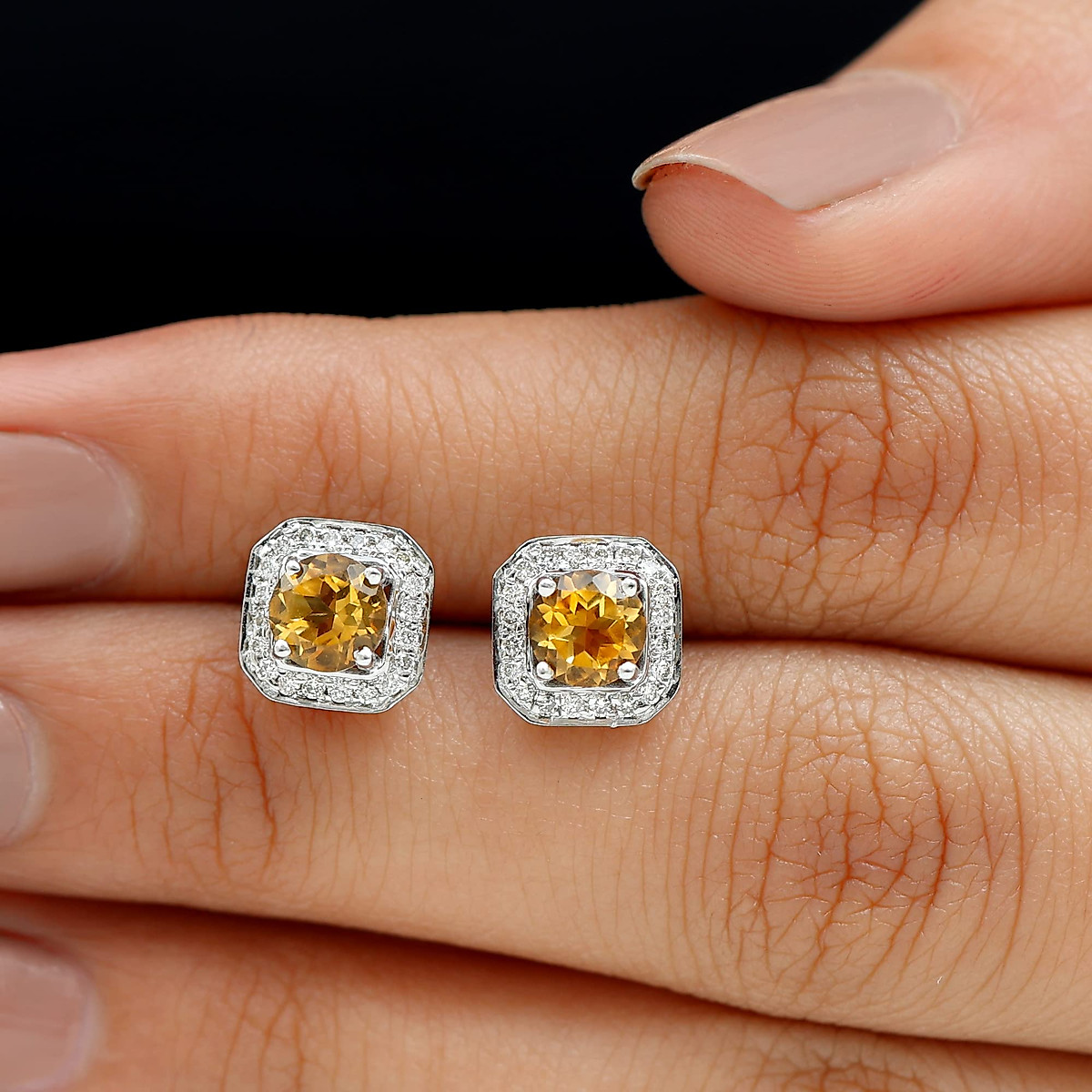 Certified Citrine and Diamond Halo Stud Earrings for Women, 1.25 cttw, Aaa Quality, 14K White Gold