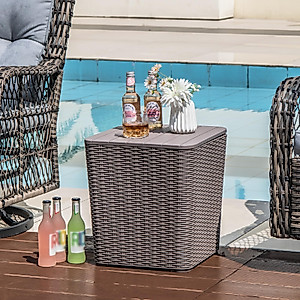 Tangkula 11.5 Gallon Water-proof Deck Box, Outdoo Patio Storage Box w/Removable Lid &, Faux Rattan Storage Container Side Table, All Weather Patio Furniture Extra Seat for Poolside (Brown)