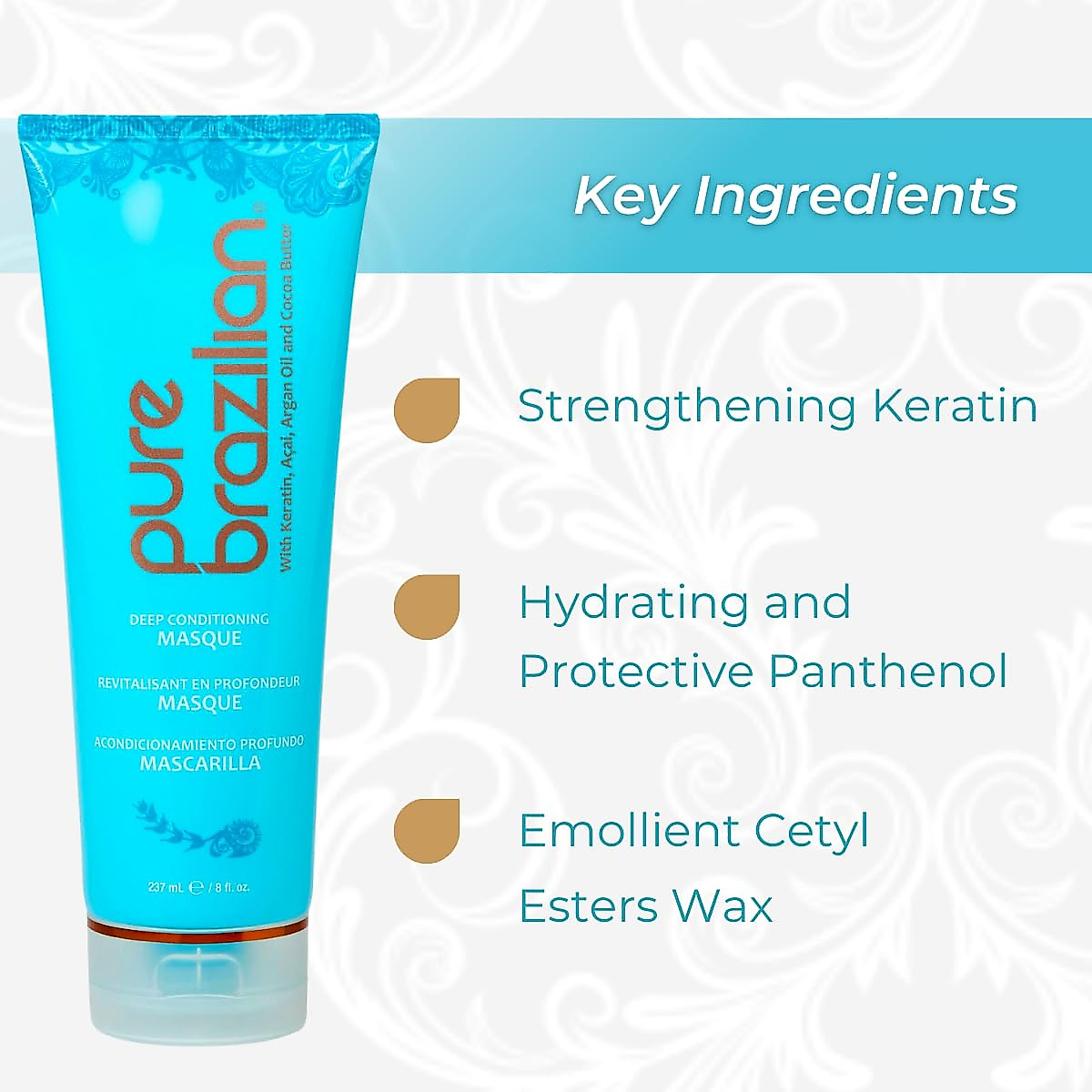 Pure Brazilian Deep Conditioning Masque with Brazilian Keratin, Acai & Arginine, Deep Conditioner Hair Treatment, 8 Fl Oz