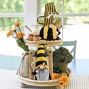 CiyvoLyeen Bumble Bee Striped Gnomes Scandinavian Tomte Nisse Swedish Honey Bee Elf Home Farmhouse Kitchen Decor Bee Shelf Sitter Tiered Tray Display, Set of 2