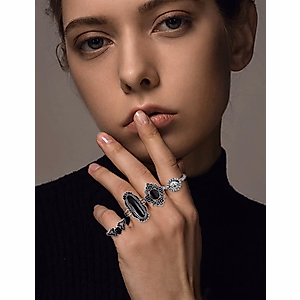 KISS WIFE Cool Rings Set for Women, Vintage Silver Punk Rings Bulk, Gothic Chunky Knuckle Emo Stackable Finger Ring Pack (Boho-2)