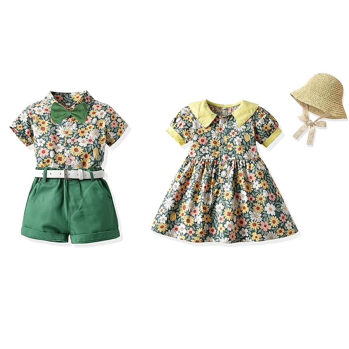 FAXSON Summer Brother and Sister Matching Outfits Toddler Boys Gentleman Suits Infant Girls Dresses(Green-girl,110/4T)