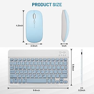 Bluetooth Keyboard and Mouse Combo Rechargeable Portable Wireless Keyboard Mouse Set for Apple iPad iPhone iOS 13 and Above Samsung Tablet Phone Smartphone Android Windows (10 inch Blue)