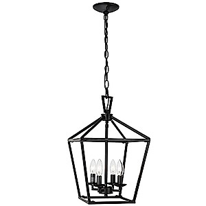 Untrammelife 4-Light Black Lantern Pendant Light, Adjustable Height Square Cage Pendant Hanging Lighting Fixture 11’’ Rustic Lantern Chandelier for Dining Room Kitchen Island Foyer