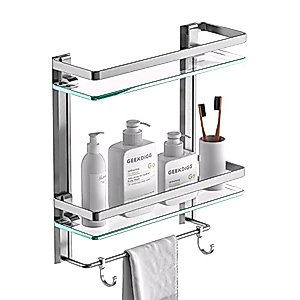 GeekDigg bathroom glass shelf with towel bar, 2 tier wall mounted tempered glass shower storage organizer with 8MM extra thick, 15.2 by 5 inches - Not Brushed Nickel