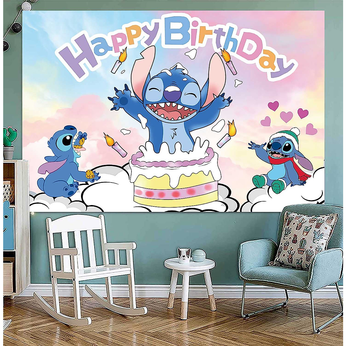Stitc Birthday Decorations for Girls and Boys, Birthday Backdrop Party 60x40 Inch, Stylish Stitc Birthday Party Supplies Banner Background (Cute1, 3 * 5FT)