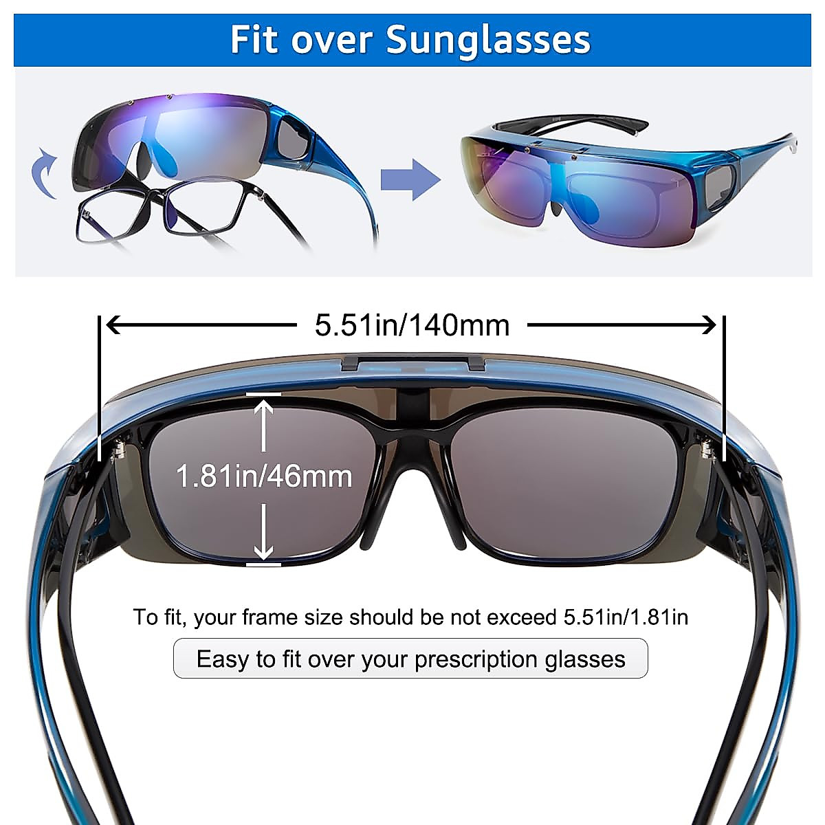 TINHAO Mens Polarized Flip Up Fitover Sunglasses with Mirrored Lenses (Blue, Blue)