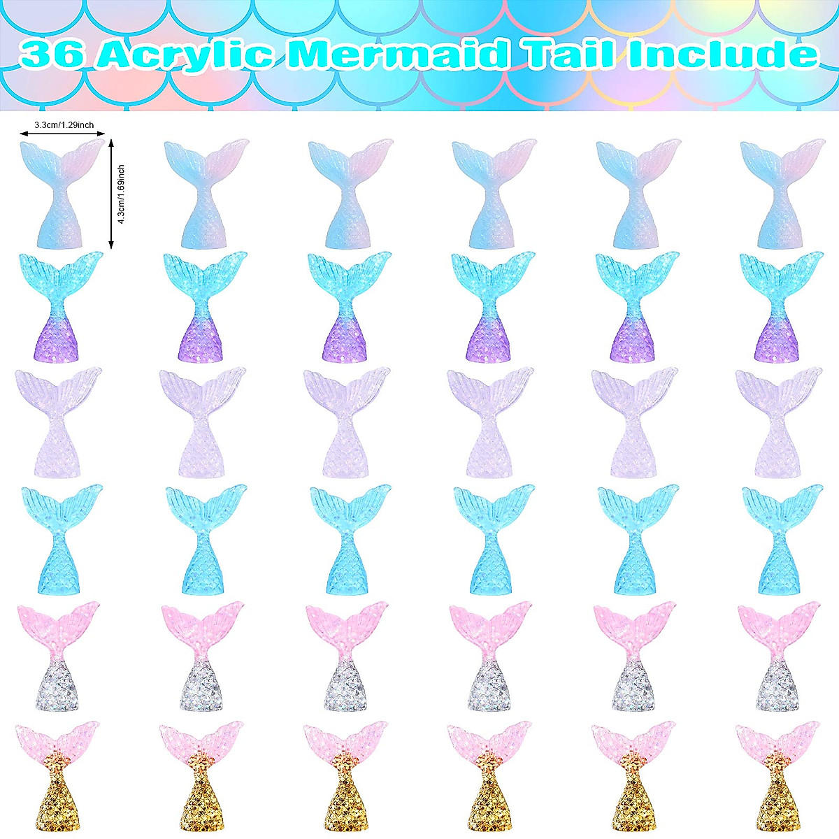 36 Pieces Acrylic Mermaid Tails Cupcake Toppers Mini Wrappers Mermaid Tail Figurines Cake Decorations for Mermaid Party Birthday Party, Baby Shower, Party Supplies Favors