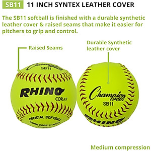 Champion Sports 11" Syntex Leather Cover Softballs - Cork Core - Medium Compression - NFHS Approved - Raised Seams - Optic Yellow - Pack of 12