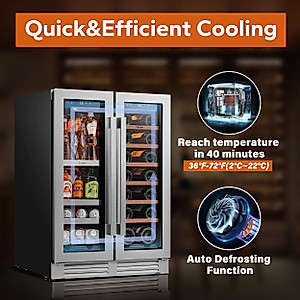 Ca'Lefort Wine and Beverage Refrigerator - 24 inch Dual Zone 60 Cans 20 Bottles Drink Fridge with Glass Door, 3 Color LED Lights Wine Cooler for Beer Soda for Home Office Bar Bedroom
