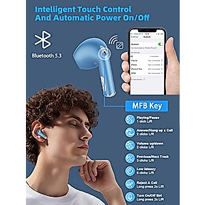 Wireless Earbuds Bluetooth 5.3 Earphones IPX6 Waterproof Headphones 2022 New Stereo Headsets with 4 Mics USB-C Charging Case in Ear 30H Deep Bass Noise Cancelling Ear Buds for iPhone Android iOS Blue