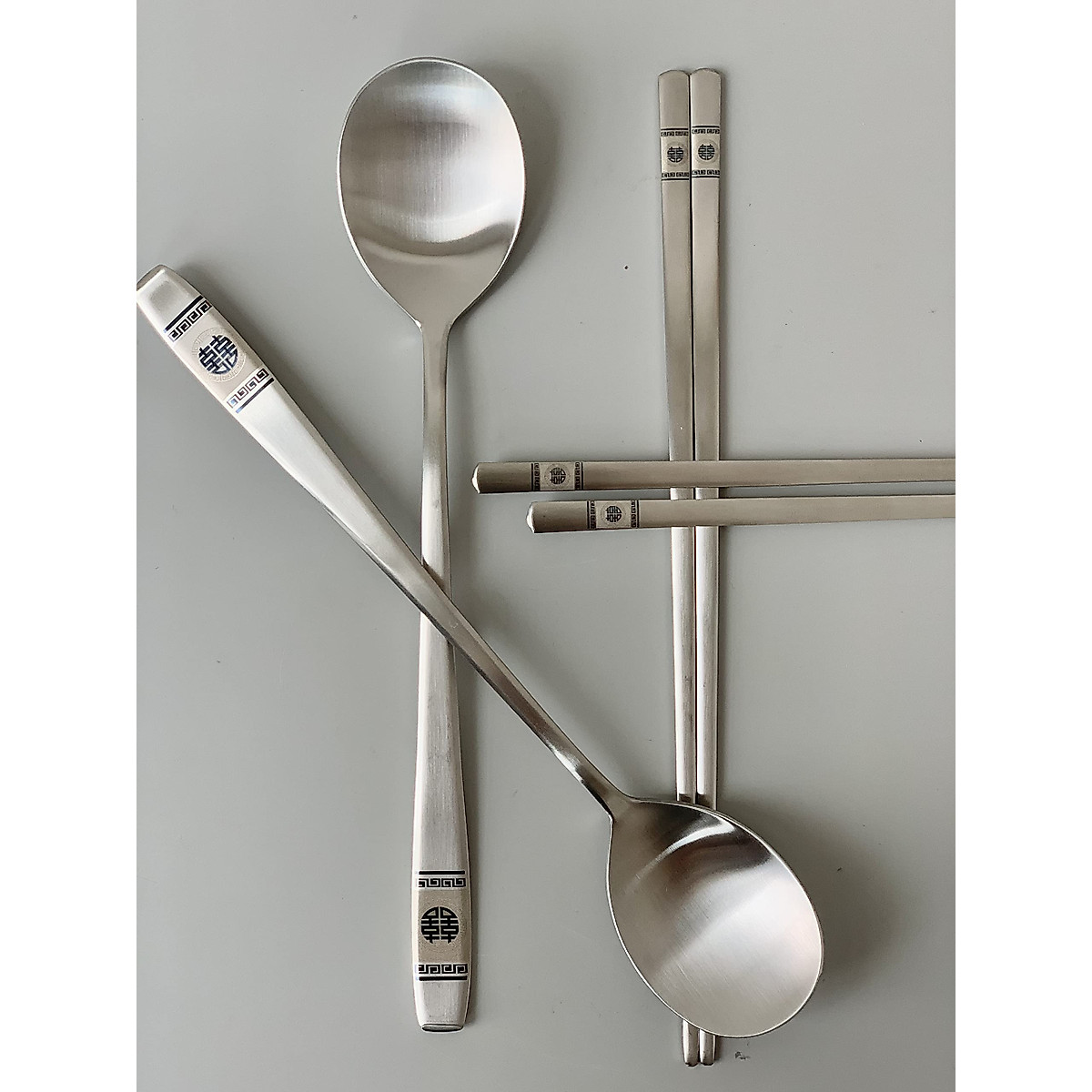 cozymomdeco Korean Made Silver Color Cutlery Spoon Chopsticks 18-10 Stainless Steel Printed Traditional Pattern_2 SET