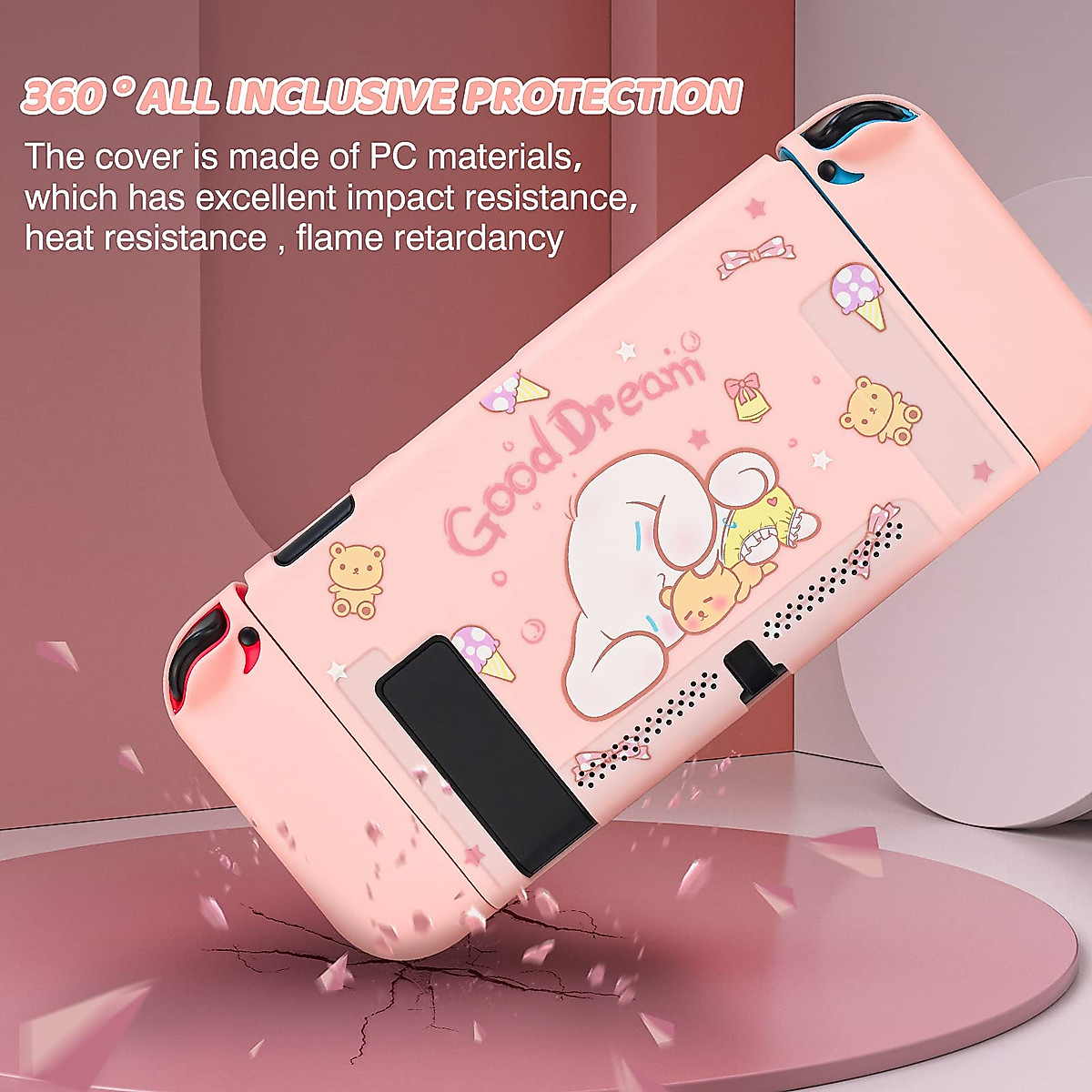 DLseego Dockable Protective Case for Switch, Newest Pattern Cover with Anti-Scratch and Shock-Absorption Design Hard Cover with 2 pcs Thumb Grips – Pink Sleepy Rabbit