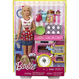 Barbie Bakery Chef Doll & Playset, Toy Oven with 'Timer' Sound, Rising Desserts, Color-Change & Cooking Accessories