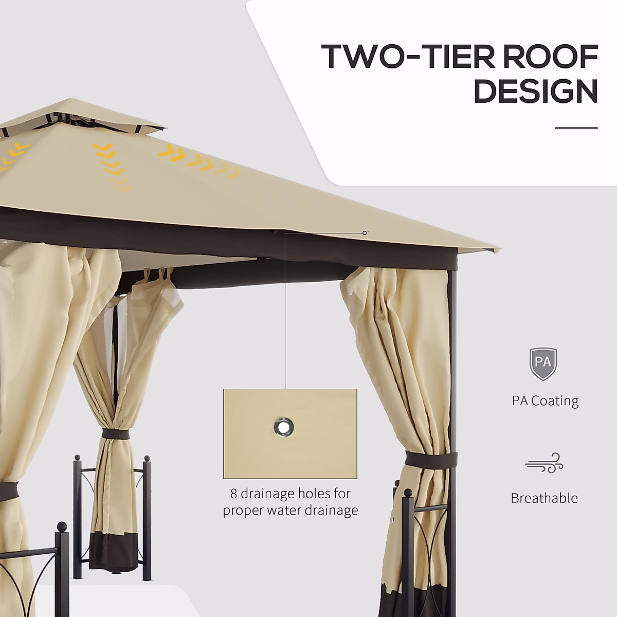 Outsunny 11' x 13' Patio Gazebo, Double Roof Outdoor Gazebo Canopy Shelter with Netting & Curtains, Steel Corner Columns for Garden, Lawn, Backyard and Deck, Beige