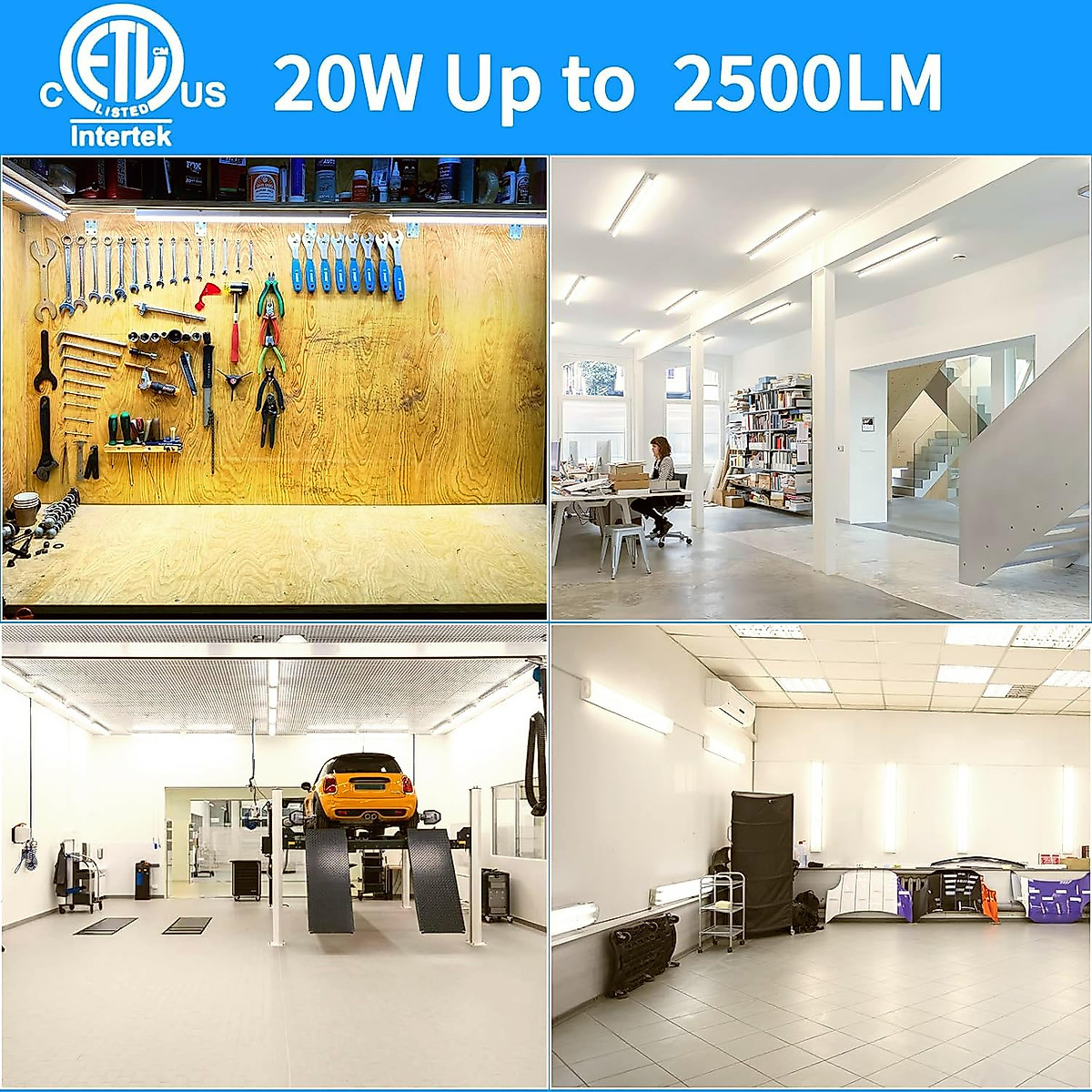 CNSUNWAY LIGHTING 2FT LED Shop Light, 20W 2500LM, 5000K Daylight T8 LED Light Fixture, V Shape, High Output, Linkable Shop Lights for Room, Garage, Workshop, Under Cabinet, ETL Listed (2 Pack)