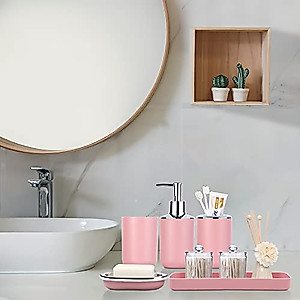 HOMEACC Pink Bathroom Accessories Set with Trash Can,Toothbrush Holder,Toothbrush Cup,Soap Dispenser,Soap Dish,Toilet Brush Holder,Tray and Qtip Holders, Plastic Bathroom Set for Home and Bathroom